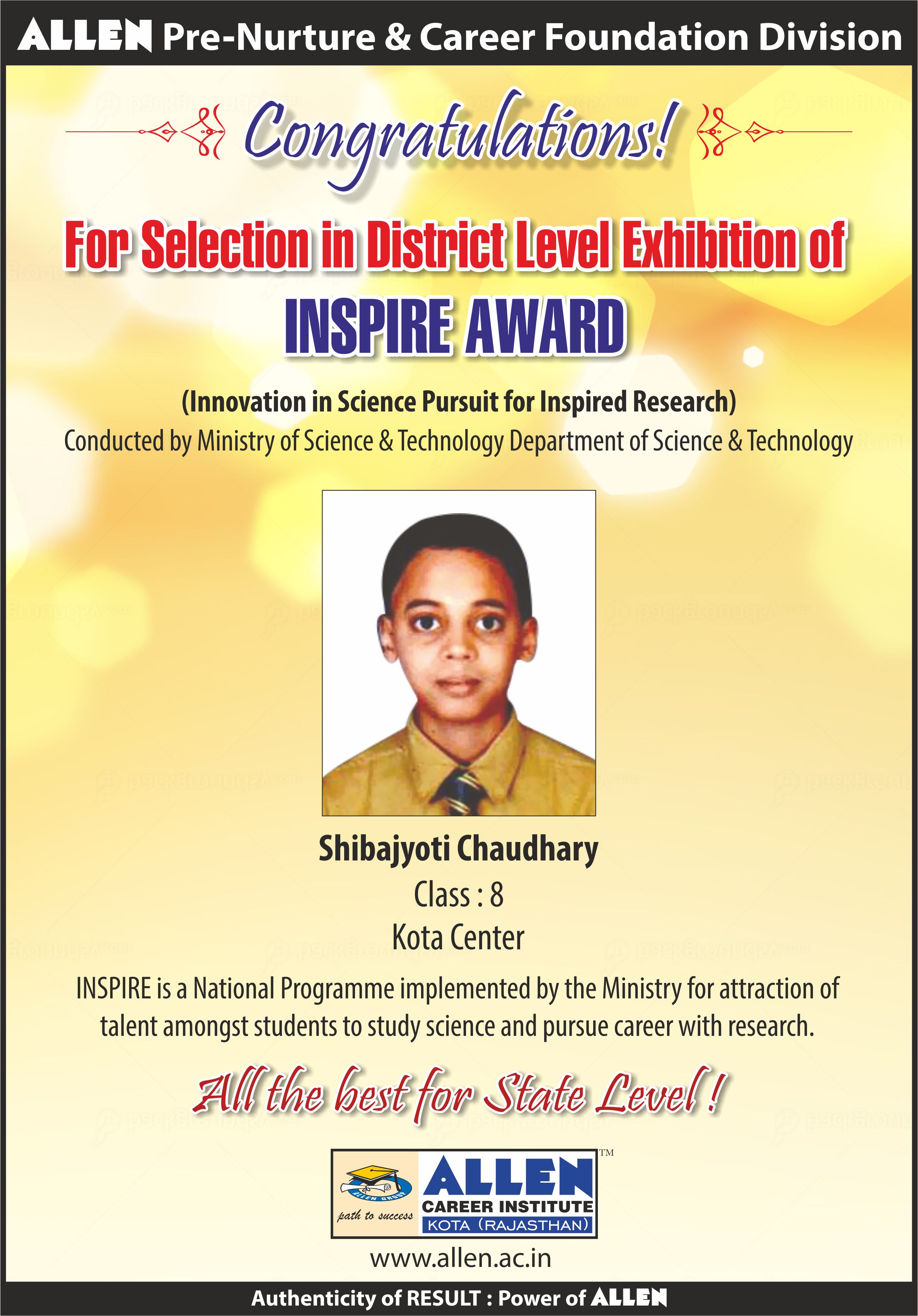 Student Selected For State Level Inspire Award 2016 Result - ALLEN ...
