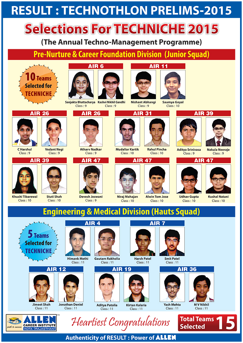 ALLEN Career Institute : Results - TECHNOTHLON-2015